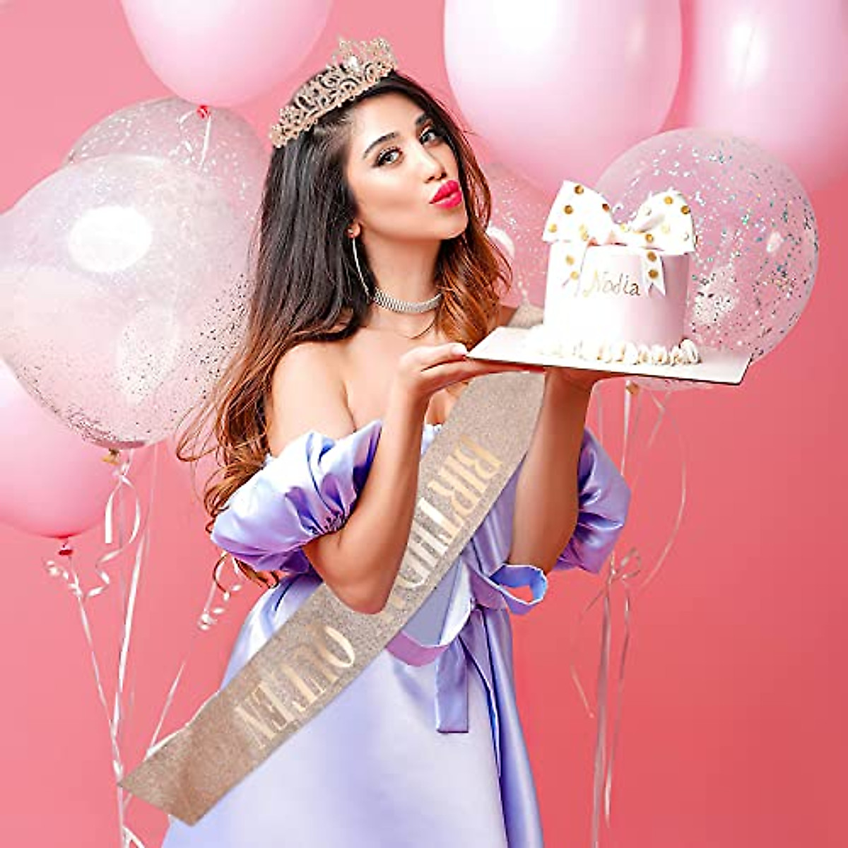 Makone Birthday Tiara for Women, Birthday Queen Crowns with Birthday Girl Sash, Crown for Girls Rose Gold, Rhinestone Tiaras with Combs, Crystal Headband Hair Accessories Glitter Sash for Party