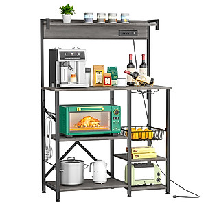 JAMFLY Kitchen Bakers Rack with Power Outlet, Coffee Bar Cabinet, Kitchen Cart, Large Microwave Stands Cart with 6 S-Shaped Hooks, Wine Glass Holder and Basket (Grey)