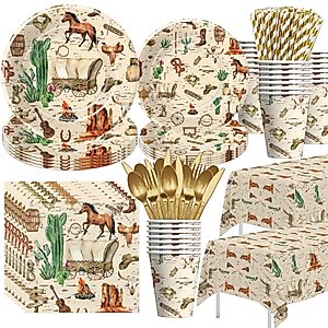 HIPVVILD Western Cowboy Party Decorations Tableware For Birthday & Baby Shower - Wild West Party Supplies, Plate, Cup, Napkin, Tablecloth, Cutlery, Straw, Rodeo Party Decorations Dinnerware | Serve 24
