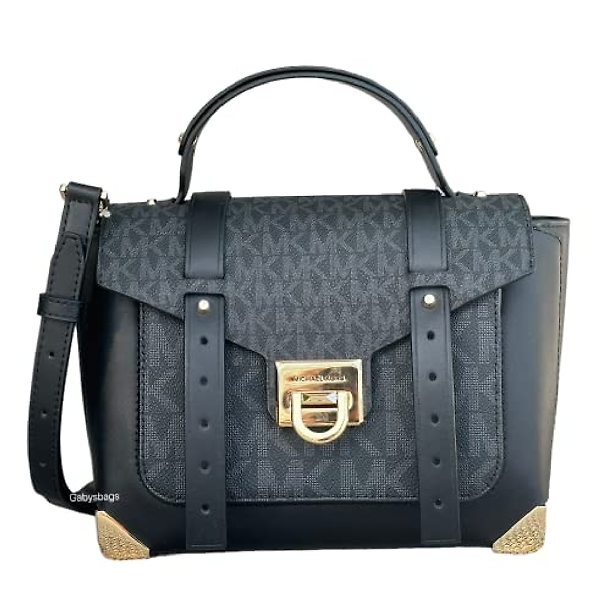 Michael Kors Manhattan Medium Black Signature Leather Purse Satchel Handbag