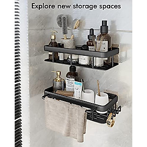 Fegat Shower Caddy, Enhanced Self Adhesive shower Organizer, No Drilling Bathroom Shower Shelf With Towel Rack and 2 Hooks, Space Aluminum With Anticorrosion Process, Black