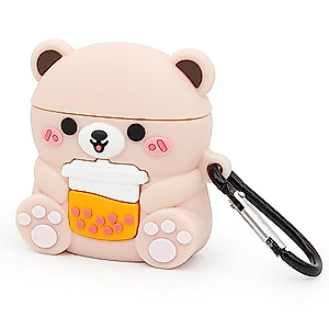 Mouzor Cute Airpods Case, Boba Tea Bear Airpods 2 Case, Funny Cartoon 3D Animals Soft PVC Shockproof Charging Case Cover with Carabiner for Airpods 1st Generation, Airpods 2nd Generation