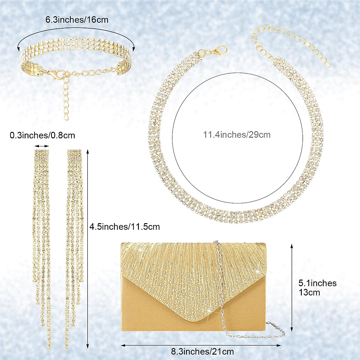 Hicarer 5 Pcs Women Accessories Including Shawls and Wraps, Evening Bag Clutch Purses, Rhinestone Jewelry Sets for Wedding(Cute Style,Gold)