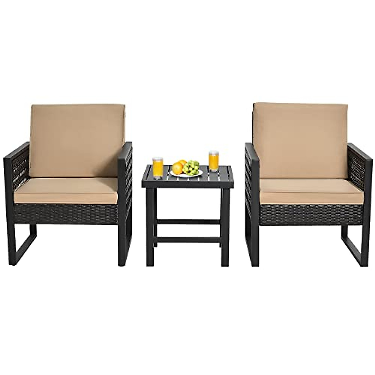RELAX4LIFE 3-Piece Patio Furniture Set - Wicker Rattan Sofa Set, Bistro Set with Coffee Table, Seat & Back Cushions, Outdoor Conversation Set for Garden, Backyard, Poolside