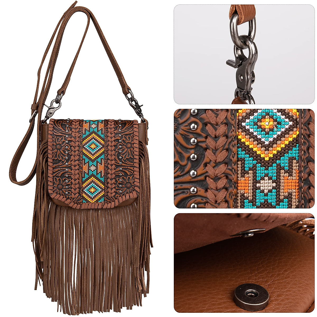 Montana West Western Small Purses for Women Crossbody Bag Fringe Purse Leather Women's Shoulder Handbags Tooled Aztec LSS-RLC-L166BR