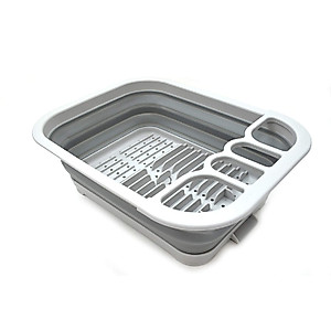 SAMMART Collapsible Dish Drainer with Drainer Board - Foldable Drying Rack Set - Portable Dinnerware Organizer - Space Saving Kitchen Storage Tray (1, Grey)