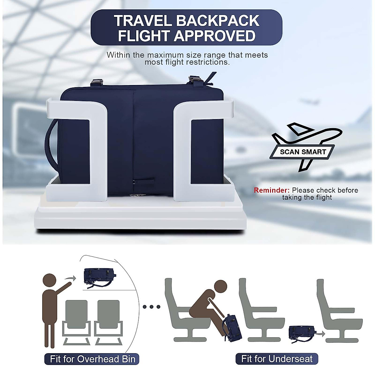 Laptop Travel Backpack For Women Men Airline Approved Carry On Bags For Airplanes Underseat Luggage Backpack For Traveling On Airplane Personal Item Travel Bag For Airlines Travel Essentials Navy Blue