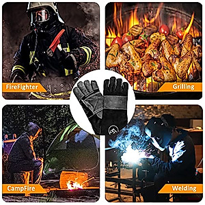 Long Day Camping Co. 16 inch Heat Resistant Wood fire Gloves/Mitts for Grill/Oven/Fireplace/BBQ/Smoker/Mig/Welding/Forge Grey Black
