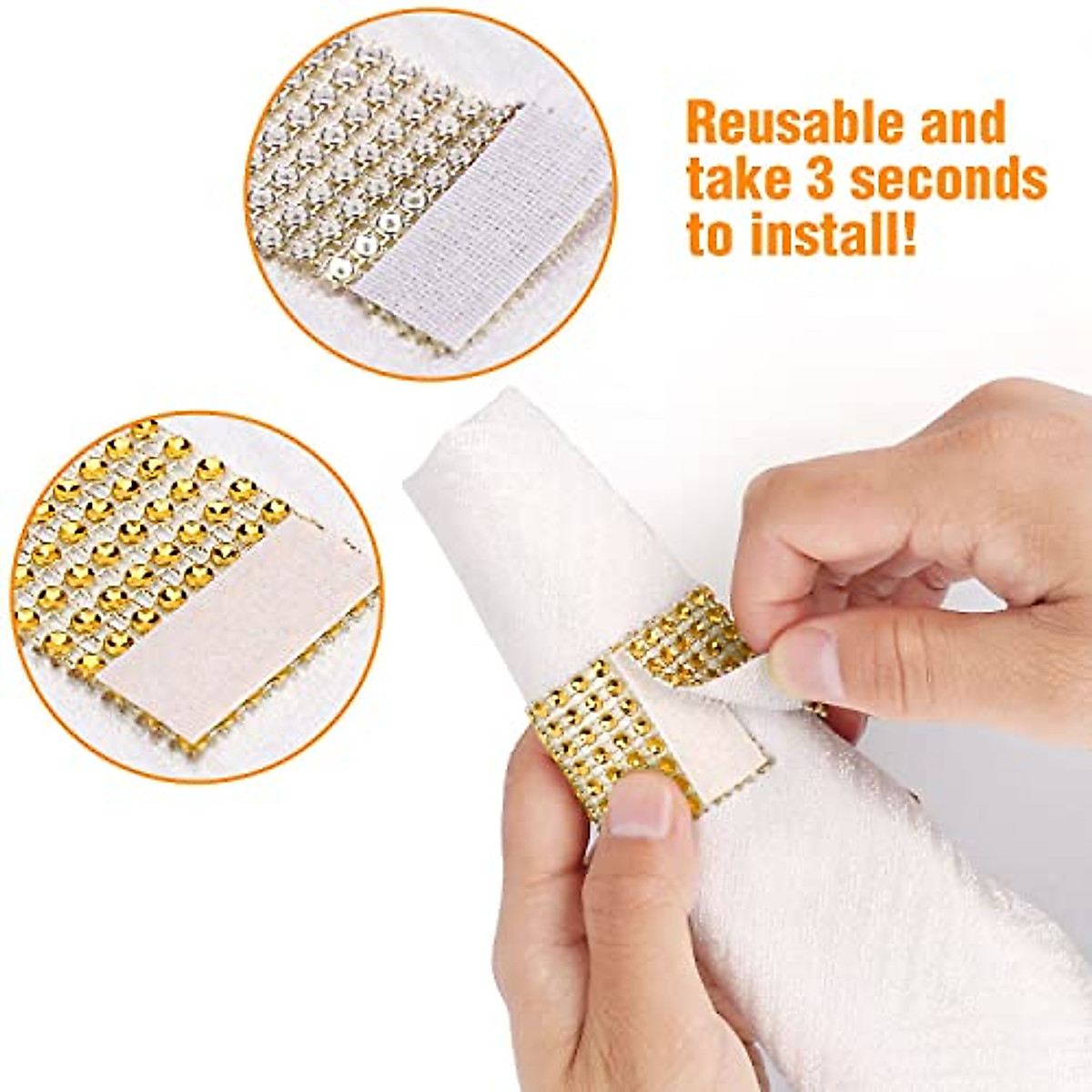 Wotoban Bling Napkin Rings Set of 150, Rhinestone Gold Napkin Rings Diamond Adornment Napkin Holder Bulk for Wedding, Dinner, Party, Table Decorations, Gold