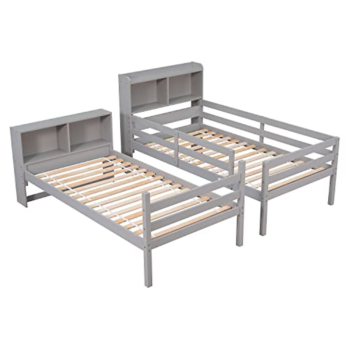 Twin Over Twin Bunk Beds, Wood Bunk Bed with Bookcase Headboard, Solid Wood Bed Frame with Safety Rail and Ladder, Kids/Teens Bedroom, Guest Room Furniture, Can Be converted into 2 Beds, Grey