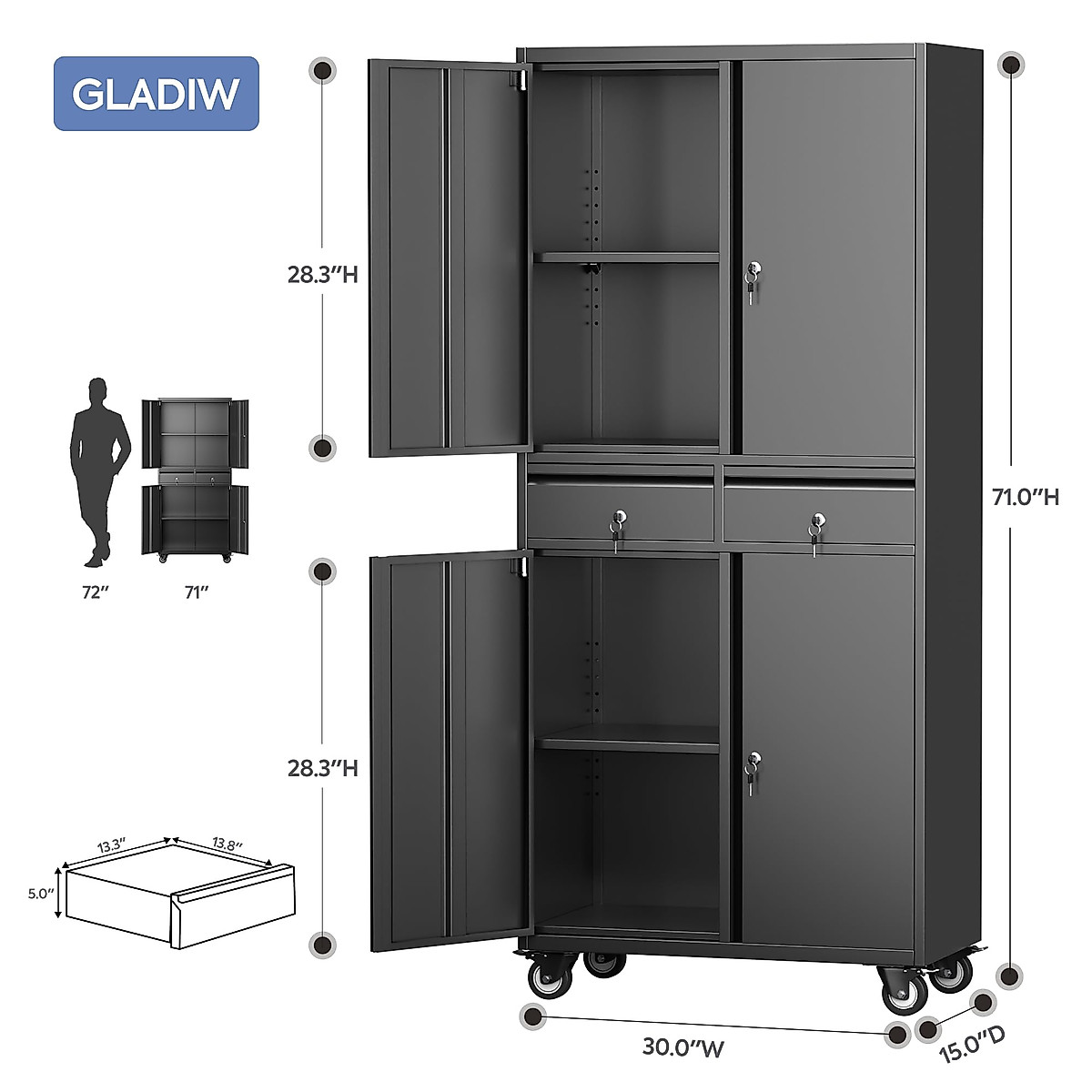 GLADIW Garage Storage Cabinet with Wheels, Metal Garage Storage Cabinet with 2 Drawers and 2 Adjustable Shelves for Homes, Offices, Kitchens, Schools and Pantries