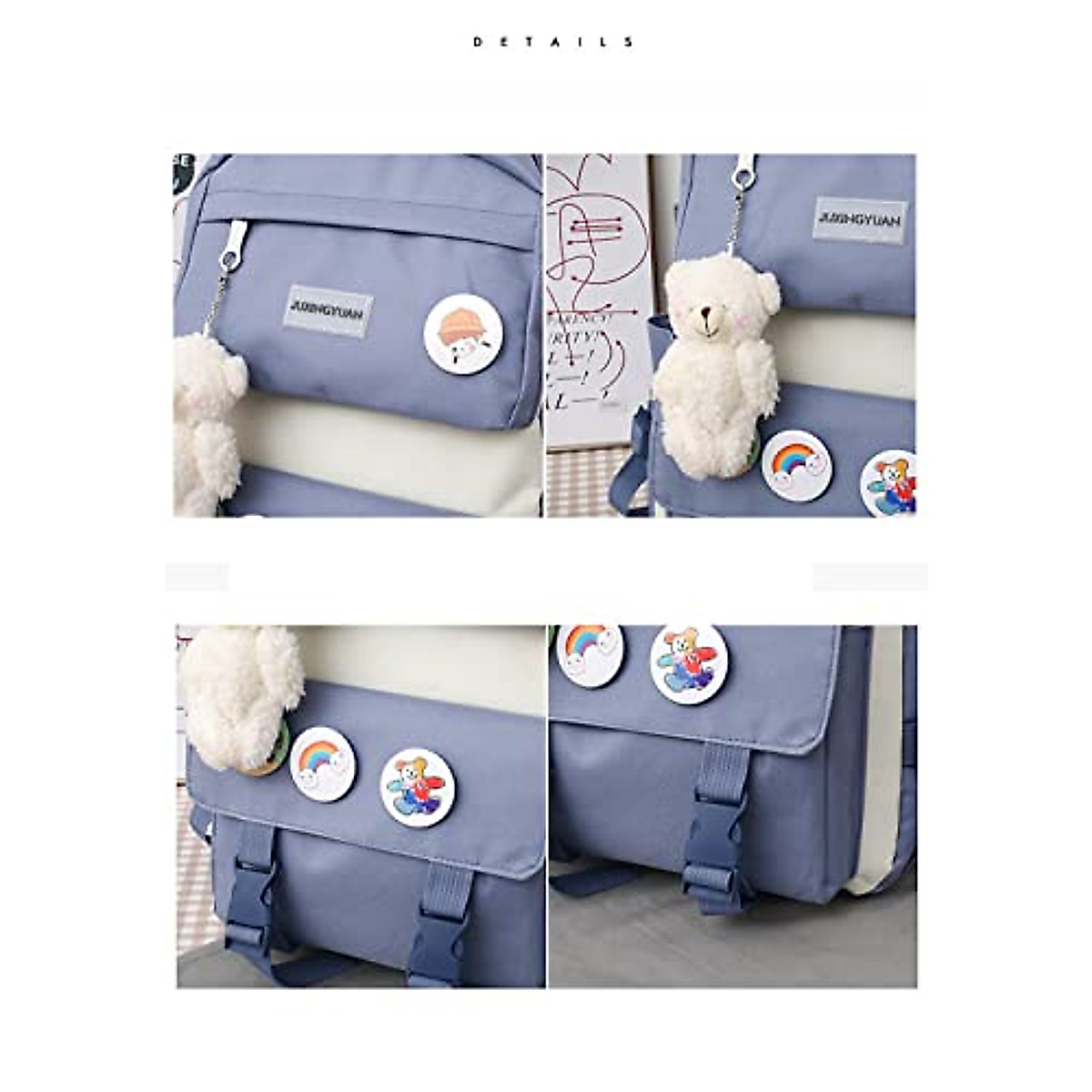 Aesthetic Backpack Set for Teens 5pcs for School Cute Kawaii Backpack with Pins and Plushies Cute Accessories (Blue)
