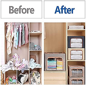 OJIMO Foldable Clothes Storage Bins 2 Pack,Stackable Metal Frame Storage Box w/Reinforced Handle, Stackable Thick Linen Fabric Closet Organizer Set with Clear Windows, Sturdy Zippers(15.4x11.4x7.9in)