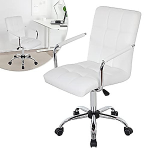 BLKMTY Home Desk Chair Ergonomic Computer Chair Vanity Chair Modern PU Leather Office Chair Adjustable Swivel Chair Computer Executive Chair Mid-Back Student Desk Chair for Teen Girl, White