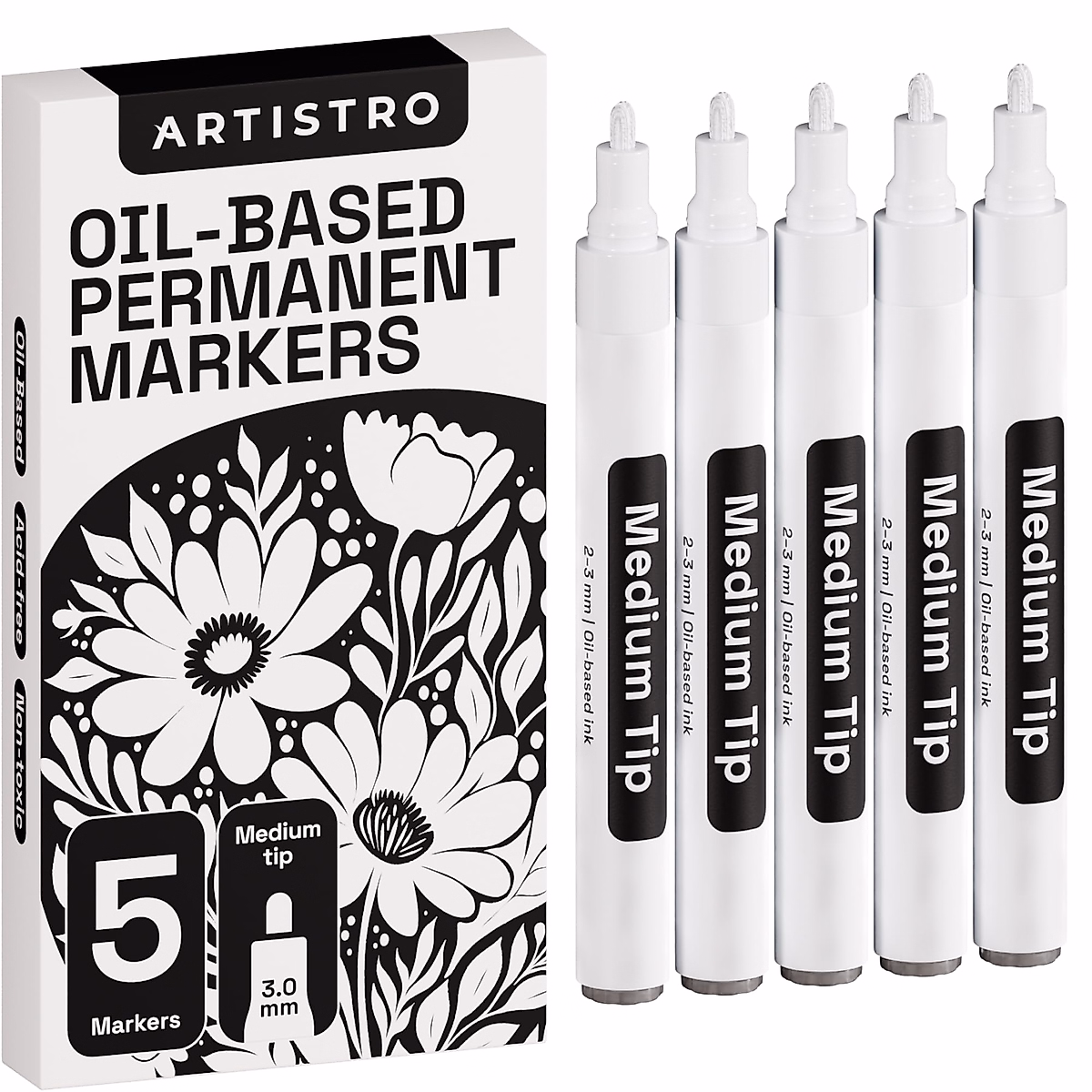 ARTISTRO 5 Oil-Based Permanent Paint Markers - Assorted Sets of Fine and Medium Tip Markers for Wood, Rock, Fabric, Glass, Ceramic, Metal, Plastic, and More - Quick Dry, Waterproof, Permanent, White