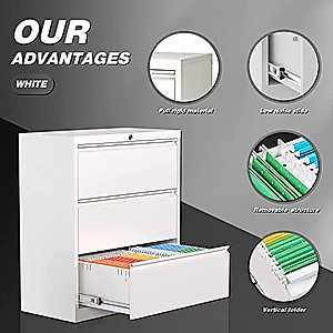 Aobabo 3 Drawer Metal Lateral File Cabinet with Lock,Steel Storage Lateral Filing Cabinet with Letter/Legal Size for Home Office,Anti-tilt Structure,Assembly Required (White 3Drawer)…