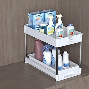 RIAAJ Kitchen Sink Shelf Pull Out Under Sink Organiser and Storage 2-Tier Sliding Cabinet Basket Organizer Drawers Bathroom Cabinet Organiser with Hooks for Desktop Kitchen Sink Organizer, White