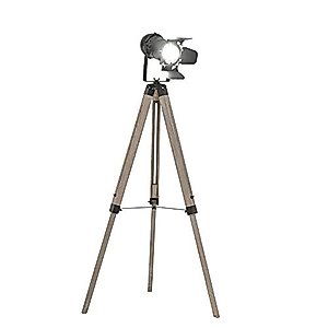 HOMCOM Industrial Style Tripod Floor Lamp, Vintage Spotlight Reading Lamp with Wooden Metal Legs, Wood and Black