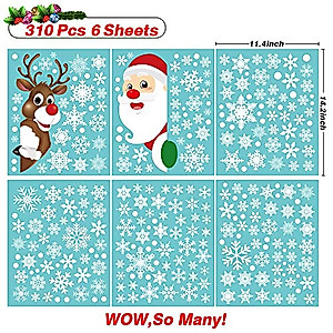 HINZER 310Pcs Christmas Window Clings Christmas Window Decorations Xmas Window Flakes Christmas Decals for Home Deer Santa Claus and Snowflakes