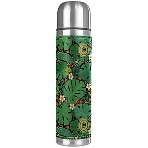 Stainless Steel Leather Vacuum Insulated Mug Tropical Plants Thermos Water Bottle for Hot and Cold Drinks Kids Adults 16 Oz