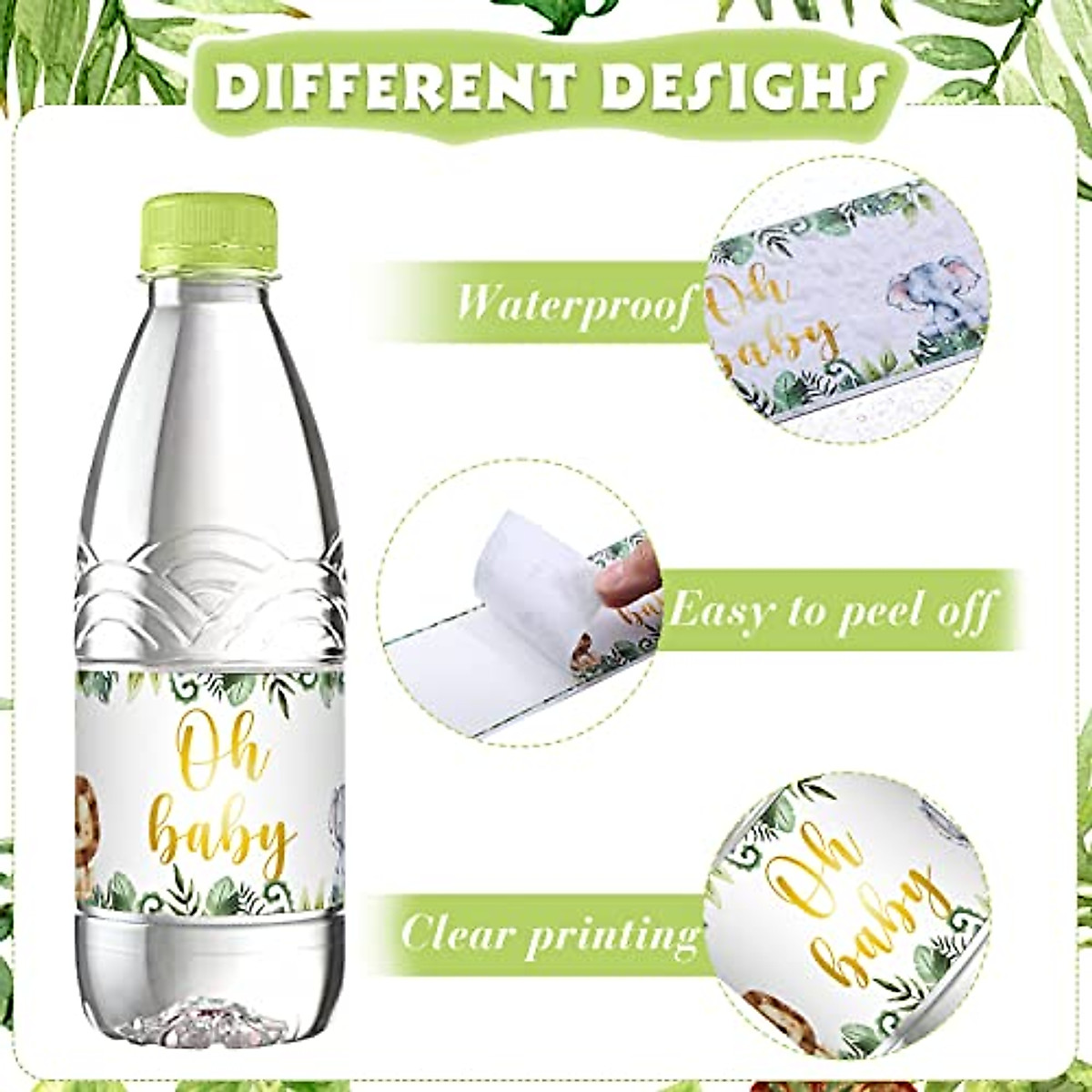48 Pieces Water Bottle Labels Jungle Animals Themed Party Shower Water Bottle Stickers Wrappers Waterproof Baby Shower Labels for Baby Shower Party Decoration