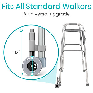 Vive Walker Wheels with Brakes - Mobility Aid Equipment for Seniors - Replacement Parts for Back Stability Safety - 3 Inch Rear Glide Rubber Wheel - Swivel/Lock Universal Adjustable Design