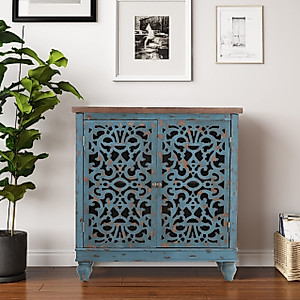Sophia & William Accent Cabinet with 2 Doors, Distressed Storage Cabinet with Wood Frame and Hollow-Carved Door for Entryway Living Room, Blue