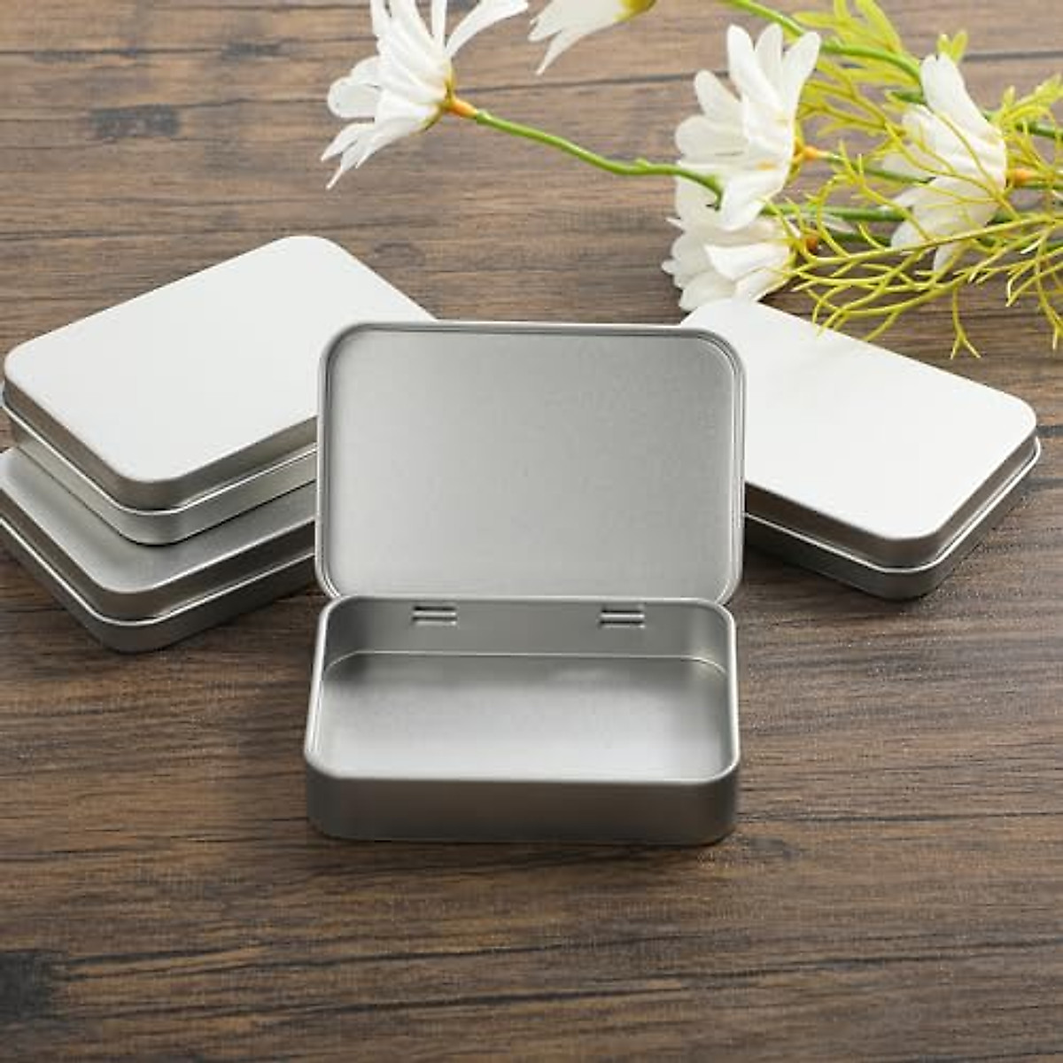 Gjinxi 4 Pcs Tin Box Containers, 3.7 x 2.4 x 0.7 Inch Mini Portable Small Storage Container Kit with Hinge Lids, Metal Box for Home Storage, Organizer Small Tin Box (Silver)