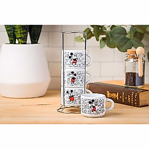 Silver Buffalo Disney Mickey Mouse Vintage Sketches Art 4pc Stackable Ceramic Espresso Small Cup Set, 3 Ounces