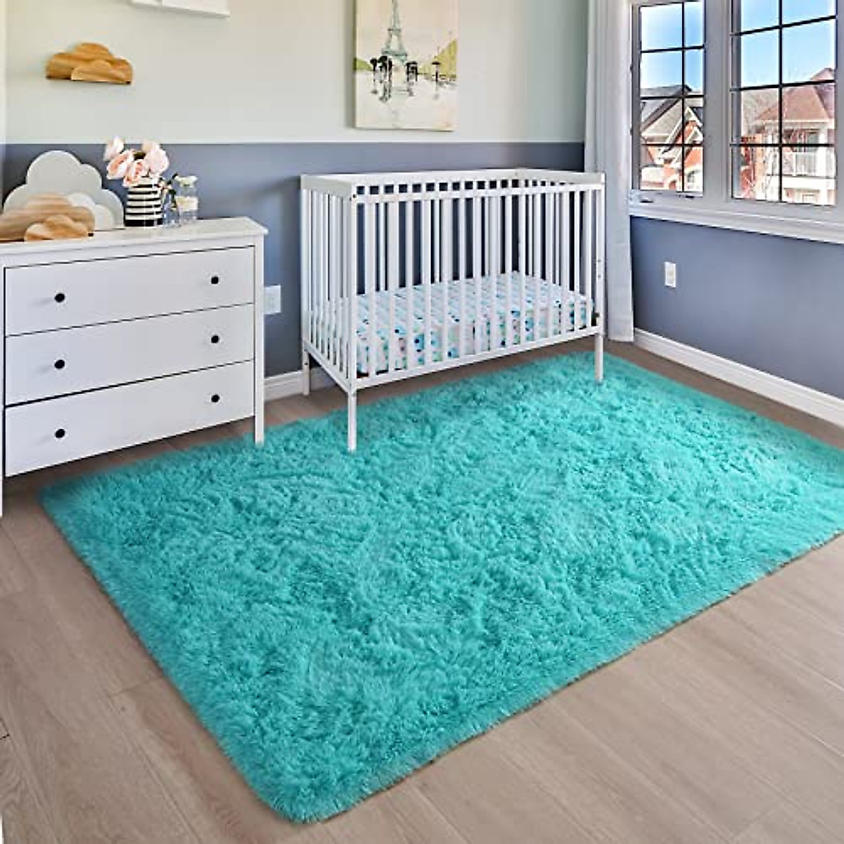 Ompaa Ultra Soft Shaggy Rugs Fluffy Bedroom Carpet, 4x6 Feet Teal Blue Area Rug, Modern Upgrade Anti-Skid Rug for Kids Girls Living Room, Dorm Aesthetics Decor