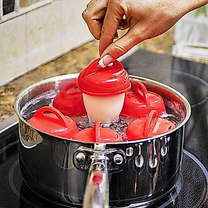 Shaliyan Egg Cooker-6 Pack 6 Exclusively and Holder 6 Nonstick Silicone Seen on TV Hard Boiler Poache, Standard, White/Red
