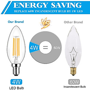 5 Pack C35 4Watt LED Candelabra Bulbs Equivalent to 40w Incandescent Bulbs,3000K Warm White 500 Lumens,B11 Candelabra Light Bulbs, E12 Dimmable Filament Clear Glass Candle Lamp for Home Decor