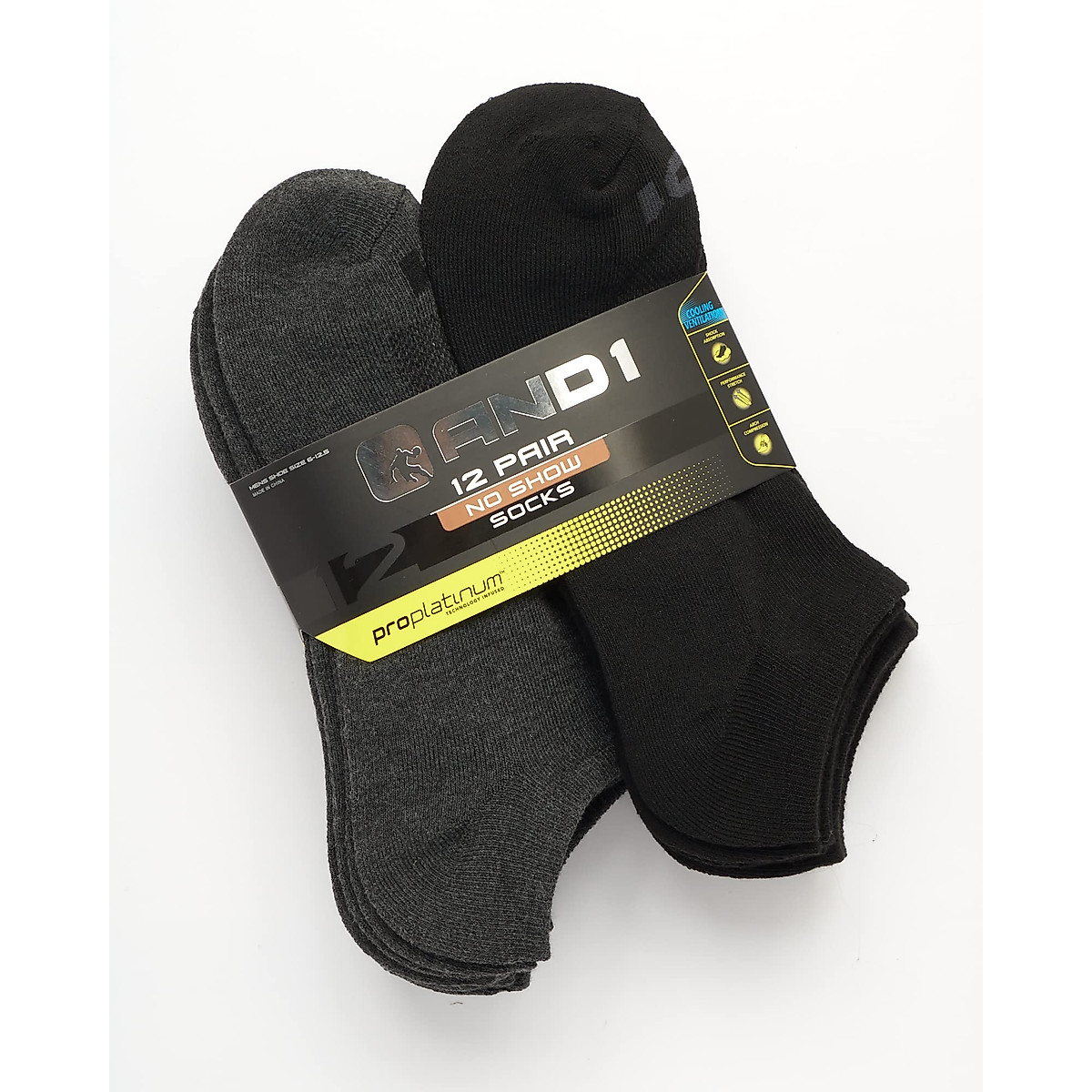 AND1 Men's Athletic Arch Compression Cushion Comfort No Show Socks (12 Pack), Size 6-12.5, Grey/Black