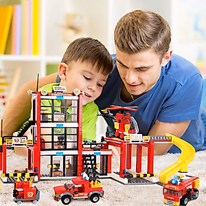 896 Pieces City Fire Station STEM Building Blocks Set, Fire Truck, Helicopter, Vehicle, Creative Fire Rescue Toy, Baseplates Storage Box, Roleplay Parent-Child Playset, Gift for Kids Boys Girls 6-12