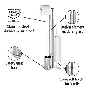 Wenko Rivalta Free Standing 3 Piece Bathroom Accessory, Brush Tissue Roll Holder, Paper Dispenser, Toilet Set, Chrome Matt, 27.55 x 7.08 x 7.87 inc, 18 x 19 x 69 cm