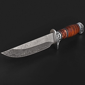 Link Knife 11 Inch Manual Damascus Hunting Knife with Wooden Handle, Men's Fixed Blade Survival Knife with Leather Sheath