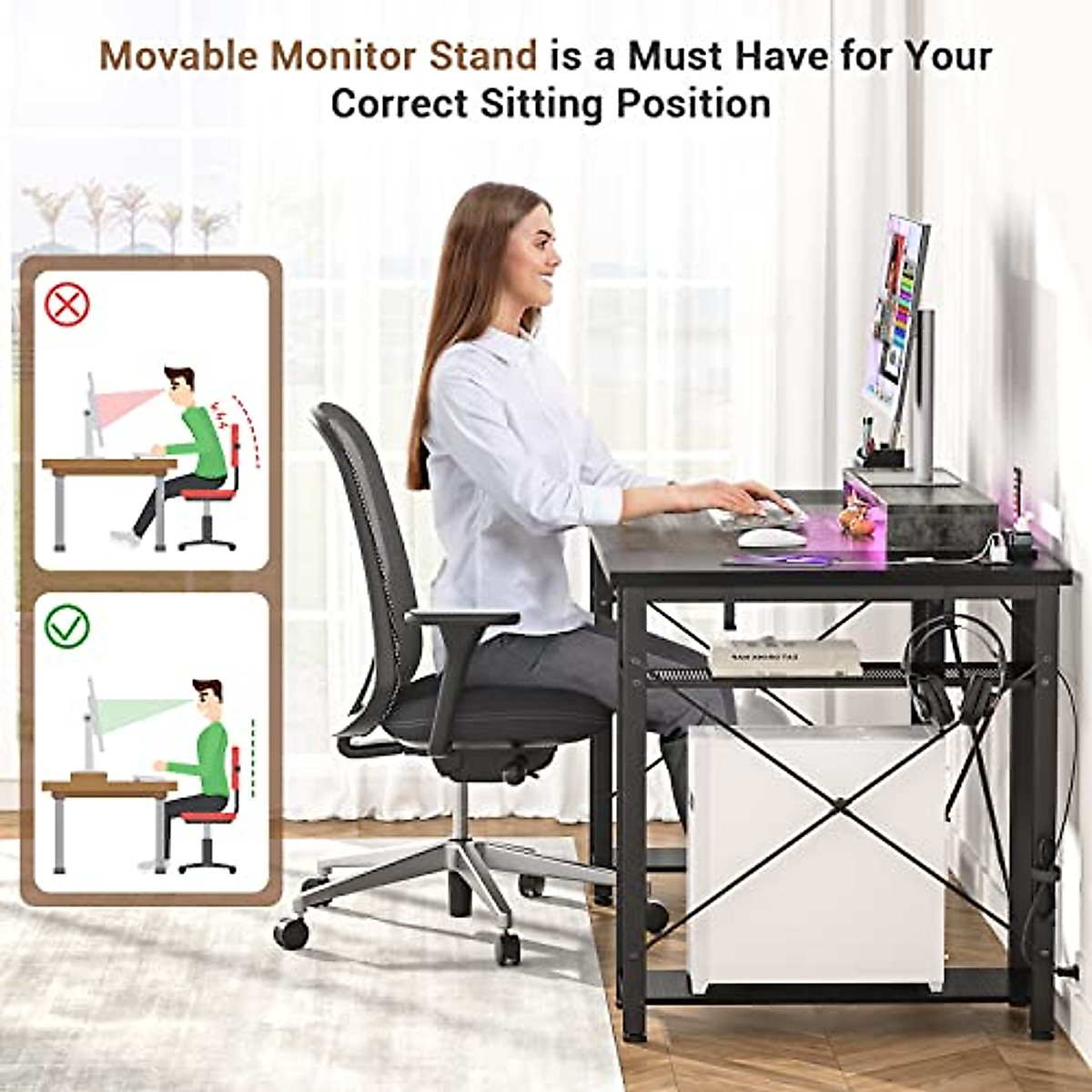 armocity Computer Desk with LED Lights, 55 Inch Desk with Power Outlet and USB, Reversible Large Desk with Moveable Monitor Stand, 55.2'' Gaming PC Table for Home Office, Workstation, Grey and Black