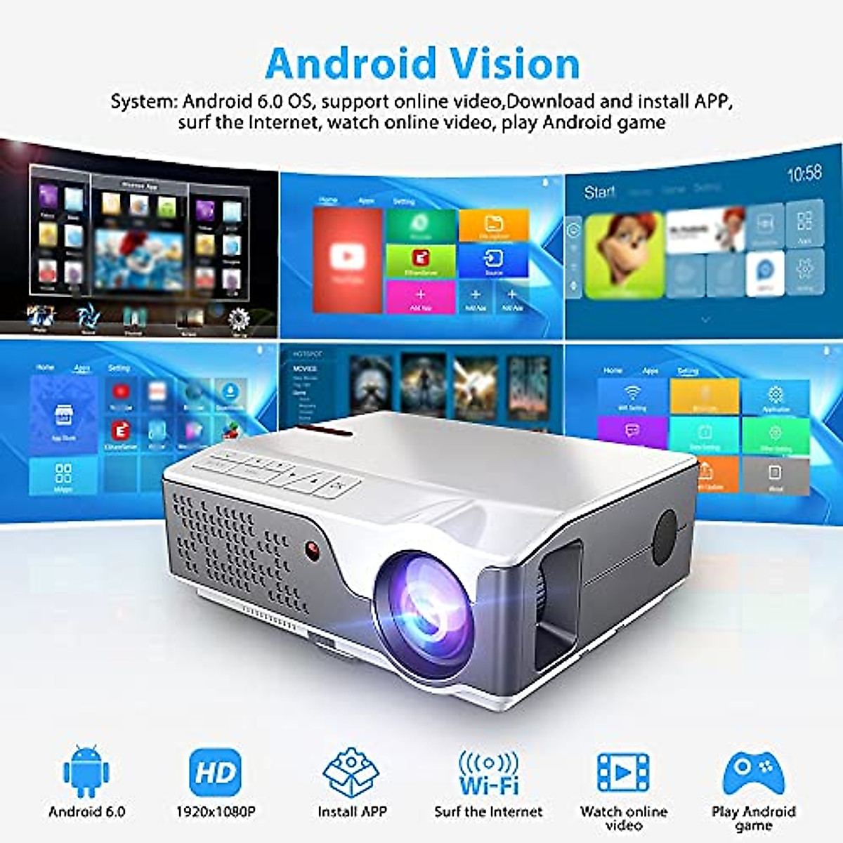 CXDTBH Full 1080P Projector LED Native 1920 x 1080P 3D Home Theater Smart Phone Beamer ( Size : Android Version )