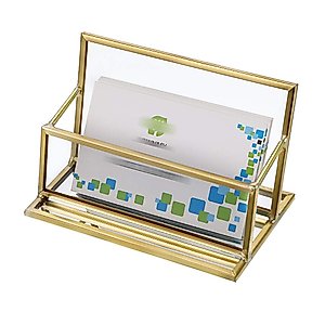 Hipiwe Glass Business Card Holder Stand - Vintage Gold Metal Name Card Display Stand Office Desktop Countertop Business Card Organizer