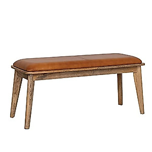 Bloomingville Mango Wood and Leather Upholstered Bench, Natural and Camel Seating, 43" L x 15" W x 20" H, Natural & Brown