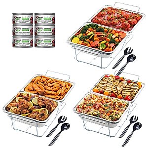 Sterno Disposable Chafing Dish Buffet, Set of 3 Full-Size Chafing Dishes for Buffet, 6 Sterno Fuel Cans (2.25hr), 6 Food Pans, 3 Water Trays, and Serving Utensils for Parties & Catering