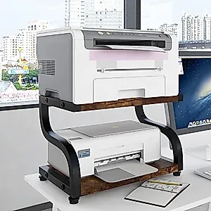 PUNCIA 2 Tiers Small Retro Wood Home Office Desktop Printer Stand Laser Printer Copier Stand with Storage Rustic Tabletop Heavy Duty Organizer Rack Shelf Desk Dual for Small Space Double Tiers Tray