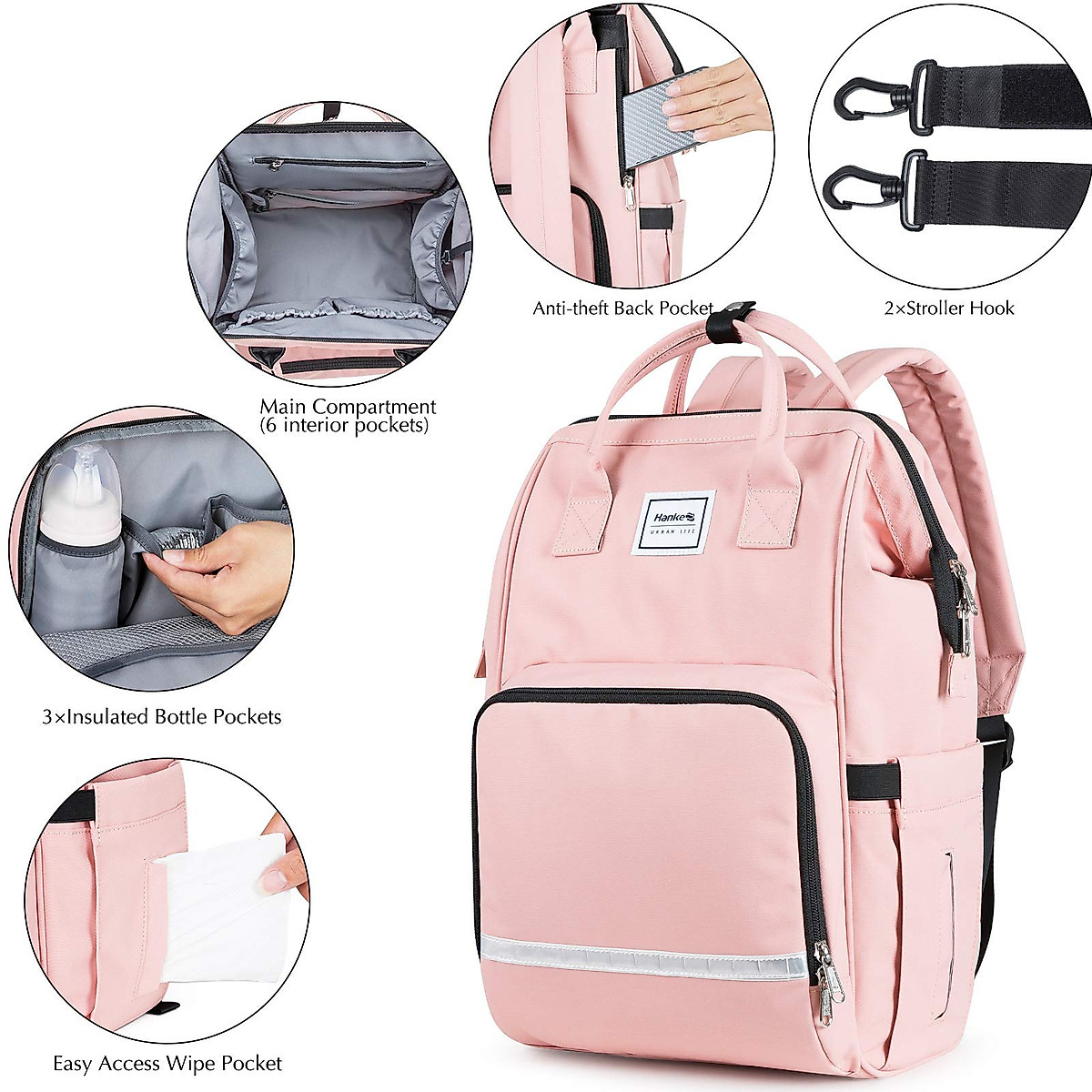 Diaper Bag Backpack, Hanke Diaper Bags Multifunction Large Maternity Baby Nappy Bag with Stroller Hooks & Insulated Pocket,Pink