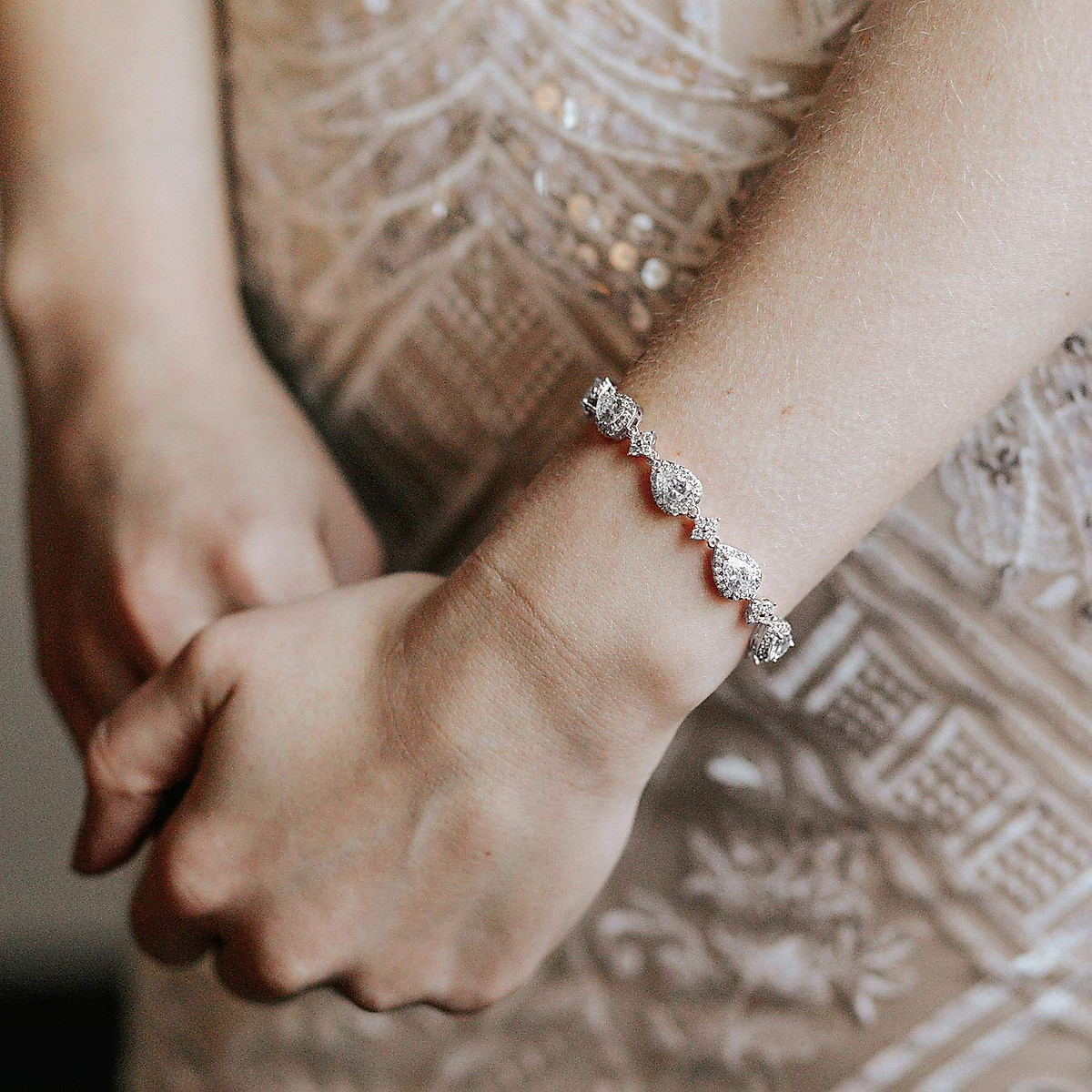 SWEETV Wedding Teardrop Bracelets for Brides Bridesmaids, Crystal Cubic Zirconia Bridal Bracelets for Women Prom, Silver