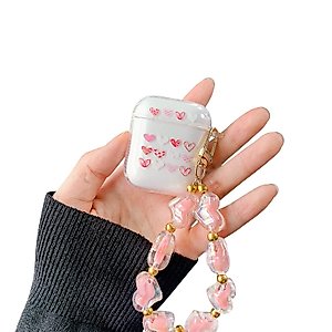 Fycyko Compatible with AirPods 1&2 Case Clear Cute Heart with Charm Chain for Women Girls Flexible Dustproof Shockproof Case Portable TPU Silicone Case for AirPods 1&2-Pink