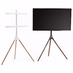 Displays2go 43”- 65” Tripod Easel Artistic TV Stand, 180° Swivel – Black/Walnut (ARTTV65B)