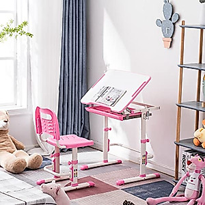 Desks and Chair Set Height Tilt Desktop Adjustable Table with Hook and Storage Drawer for Boy and Girls, White Pink