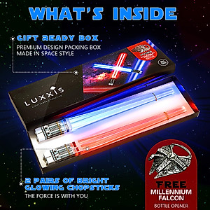 Luxxis Lightsaber Chopsticks Light up Glowing Chop Sticks for Star Wars Gifts Set Theme Party Fun [2 Pair – RED and Blue Set] with Bottle Opener and Gift Ready Postcard