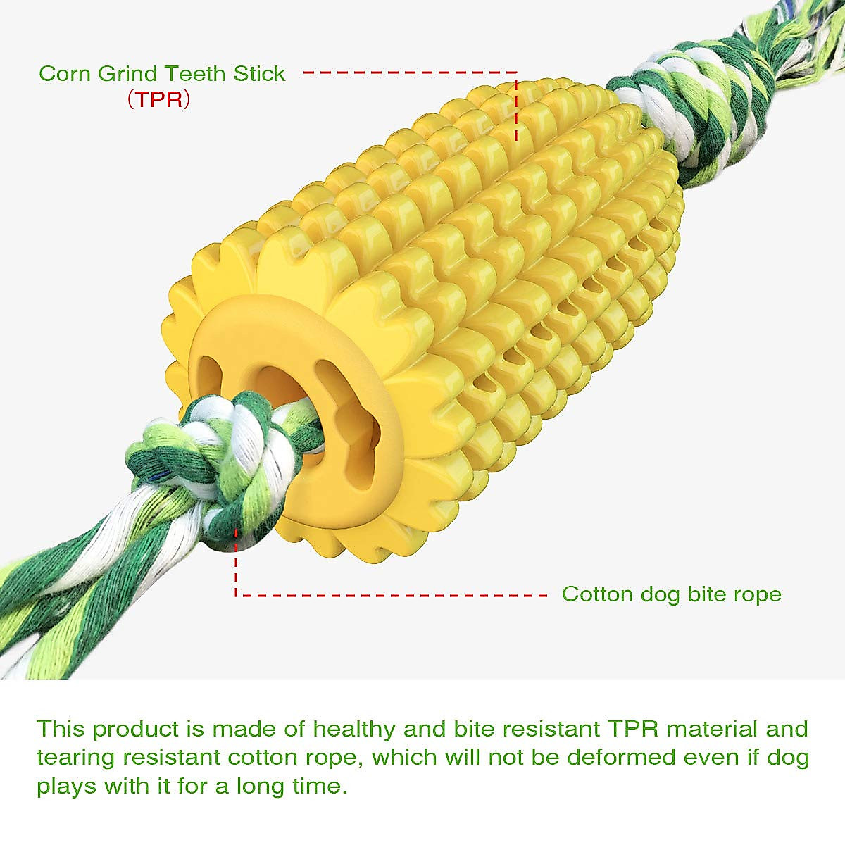 Dog Toothbrush Chew Toy,Natural Durable Rubber Dental Oral Care for Small/Medium/Large Dogs,Soft Bite Corn Molar Stick with Rope