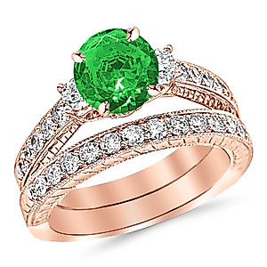 3.03 Carat 14K Rose Gold Three Stone Vintage With Milgrain & Filigree Bridal Set with Wedding Band & Diamond Engagement Ring with a 2 Carat Natural Emerald Center (Heirloom Quality)